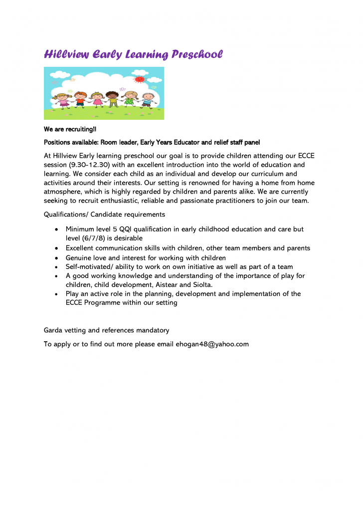 *Vacancies** Hillview Early Learning Pre-school - Carlow Childcare ...